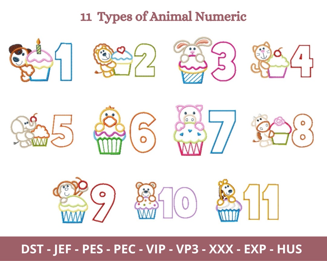 Animal Numeric With Cup Cake Embroidery Design 11 Types Instant ...
