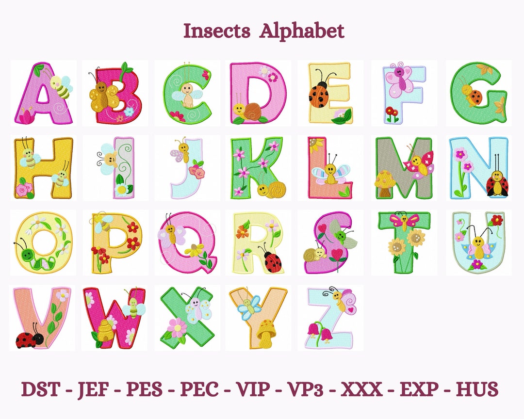 Bug Alphabet Machine Embroidery Pattern - Alphabet Embroidery Design ...