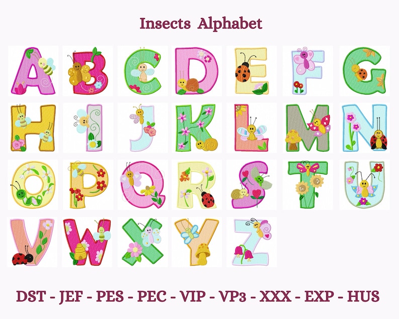 Bug Alphabet Machine Embroidery Pattern - Alphabet Embroidery Design ...