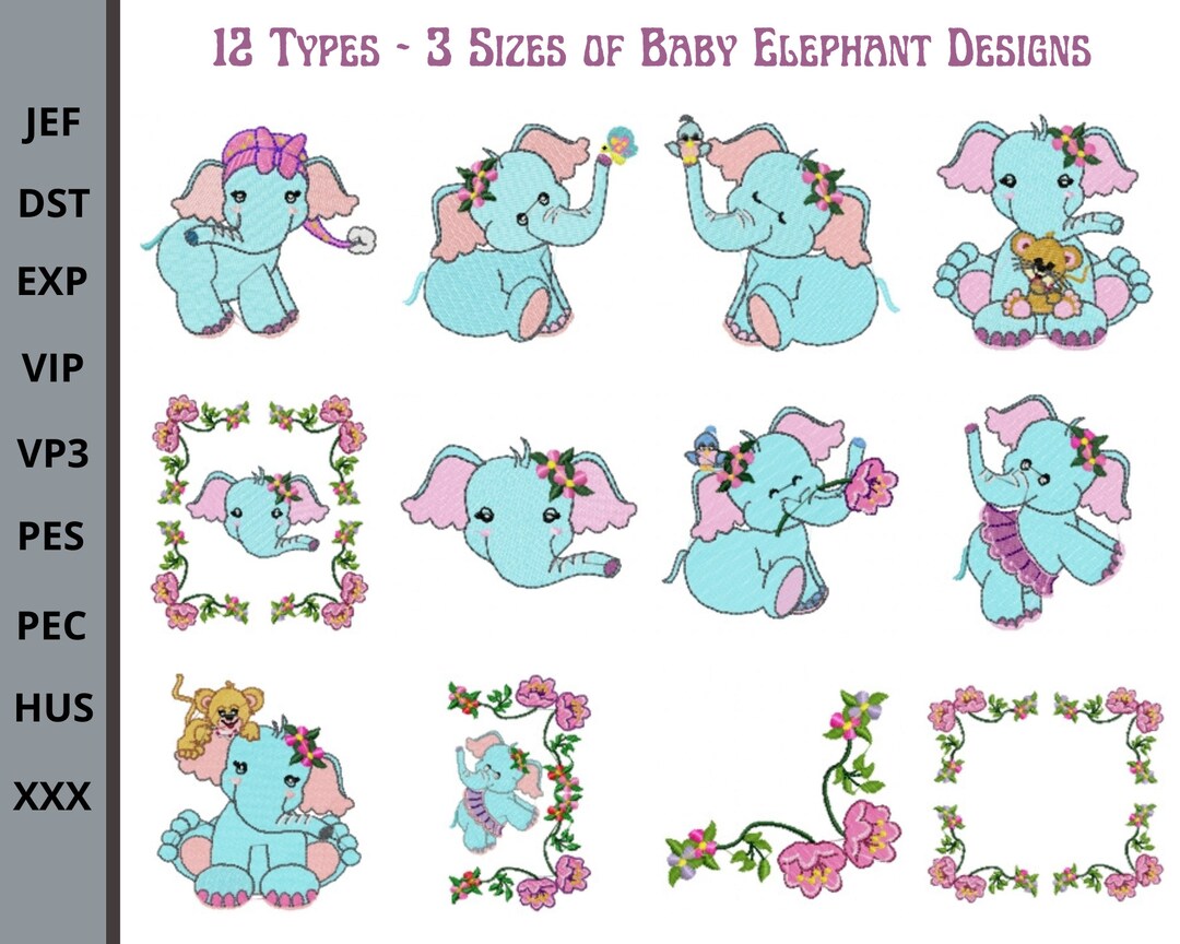 Adorable Baby Elephant Embroidery Designs - 12 Types, 3 Sizes - Digital ...