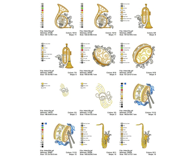 Musical Instrument Embroidery Design 17 Types 2 Sizes - Etsy