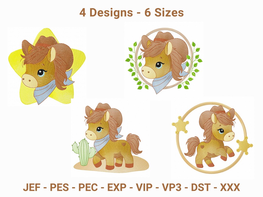 Cowgirl Pony Embroidery Design Set – 4 Cute Pony Patterns in 6 Sizes ...
