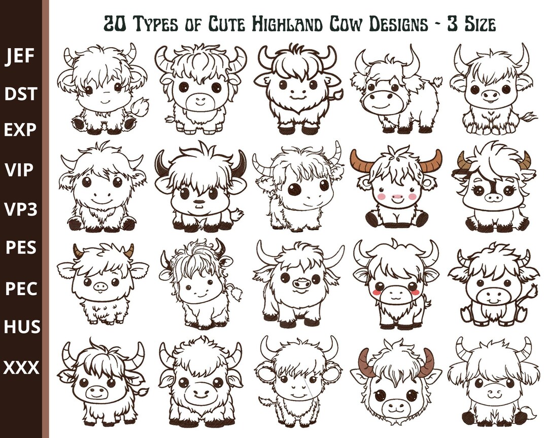 20 Type Cute Highland Designs, Animal Machine Embroidery Design , 3 ...