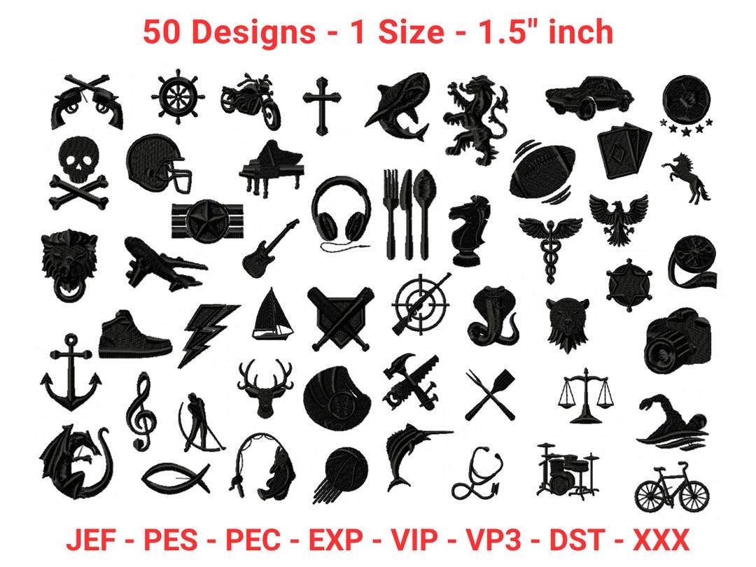 50 Small Embroidery Designs Pack – 1.5” Mini Machine Embroidery Files ...