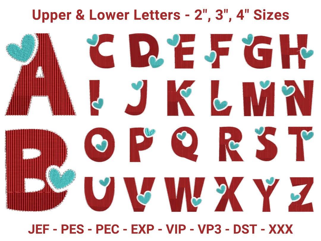 Appliqué Heart Alphabet Embroidery Designs – Upper & Lowercase Letters ...