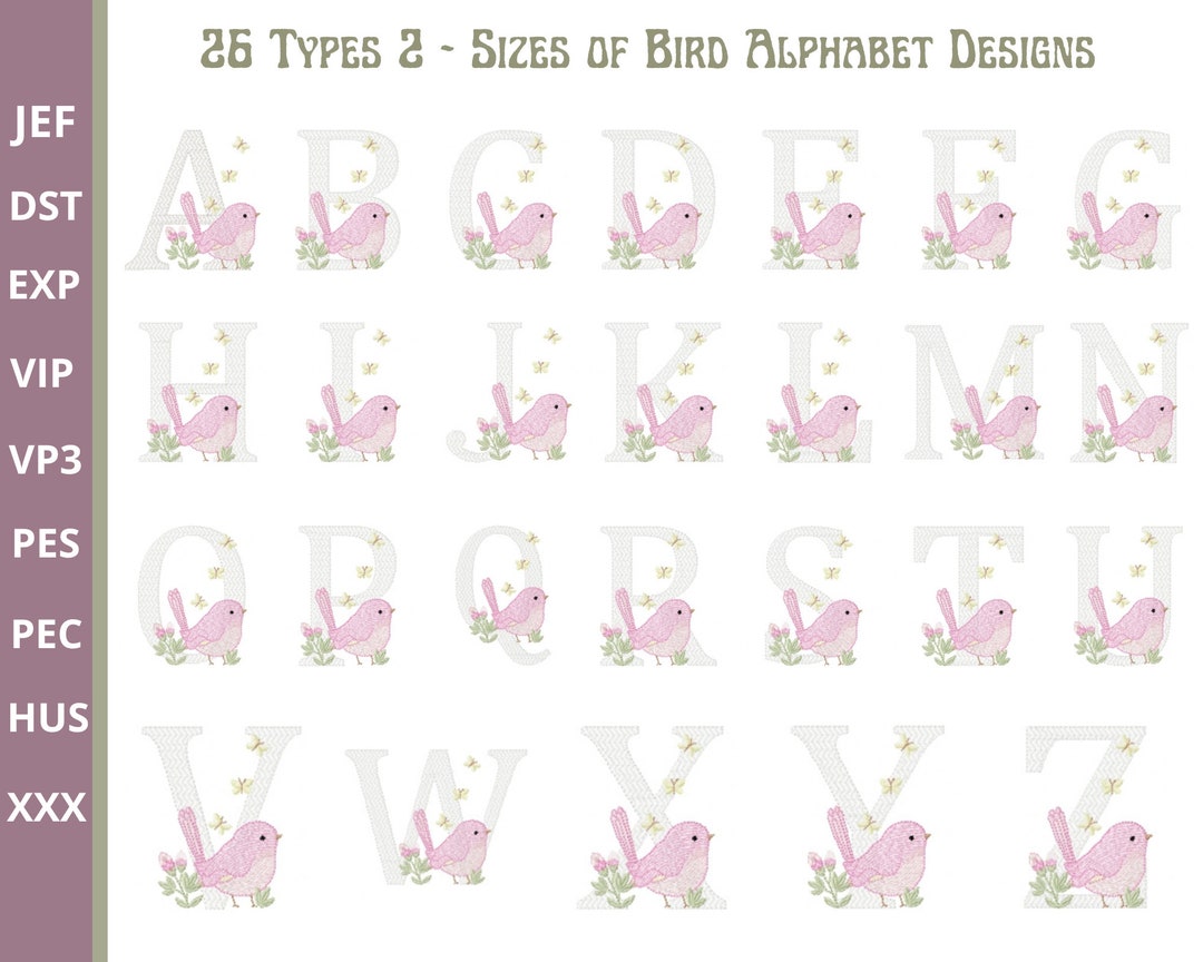 Bird Alphabet Embroidery Design , Pink Bird Floral Font Machine ...