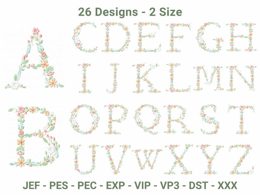 Floral Alphabet Embroidery Designs - 26 Letters A to Z - Decorative ...