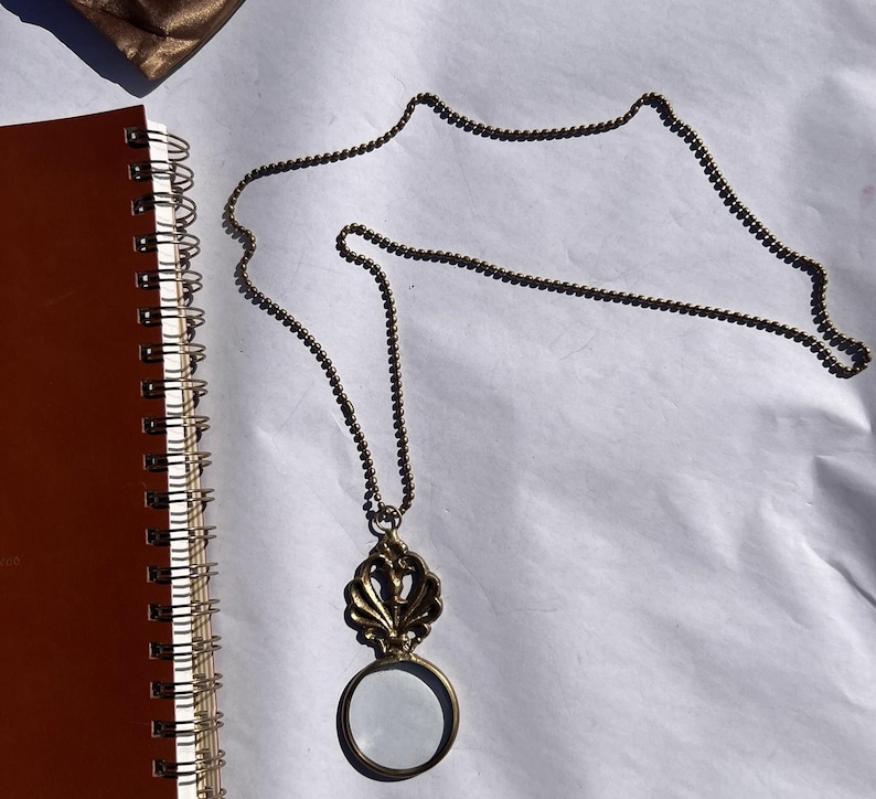 Brass Monocle Magnifying Glass Necklace | Ornate Filigree Loupe, Satin ...
