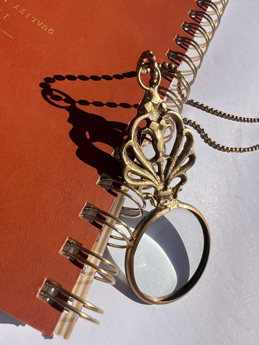 Brass Monocle Magnifying Glass Necklace | Ornate Filigree Loupe, Satin ...