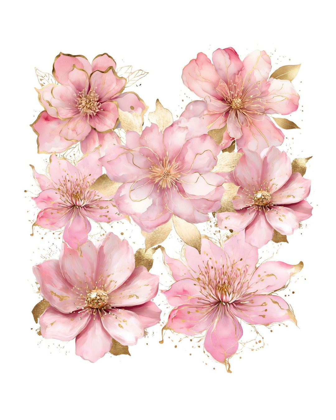 13 Abstract Flowers Clipart, Pink Gold Flower Watercolor, Flowers Print ...