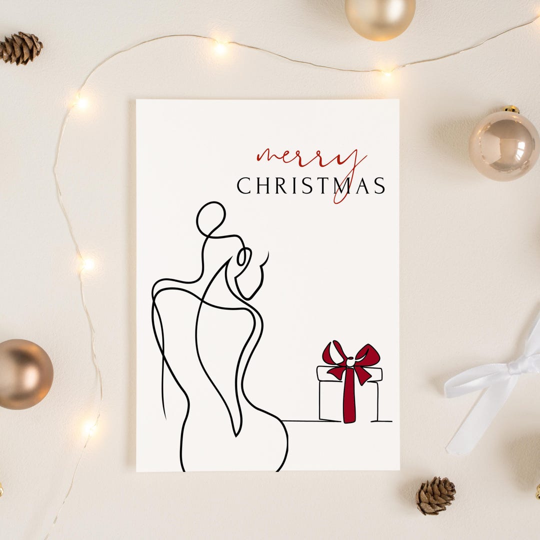 Girly Christmas Card: Line Art Bow Design - Etsy