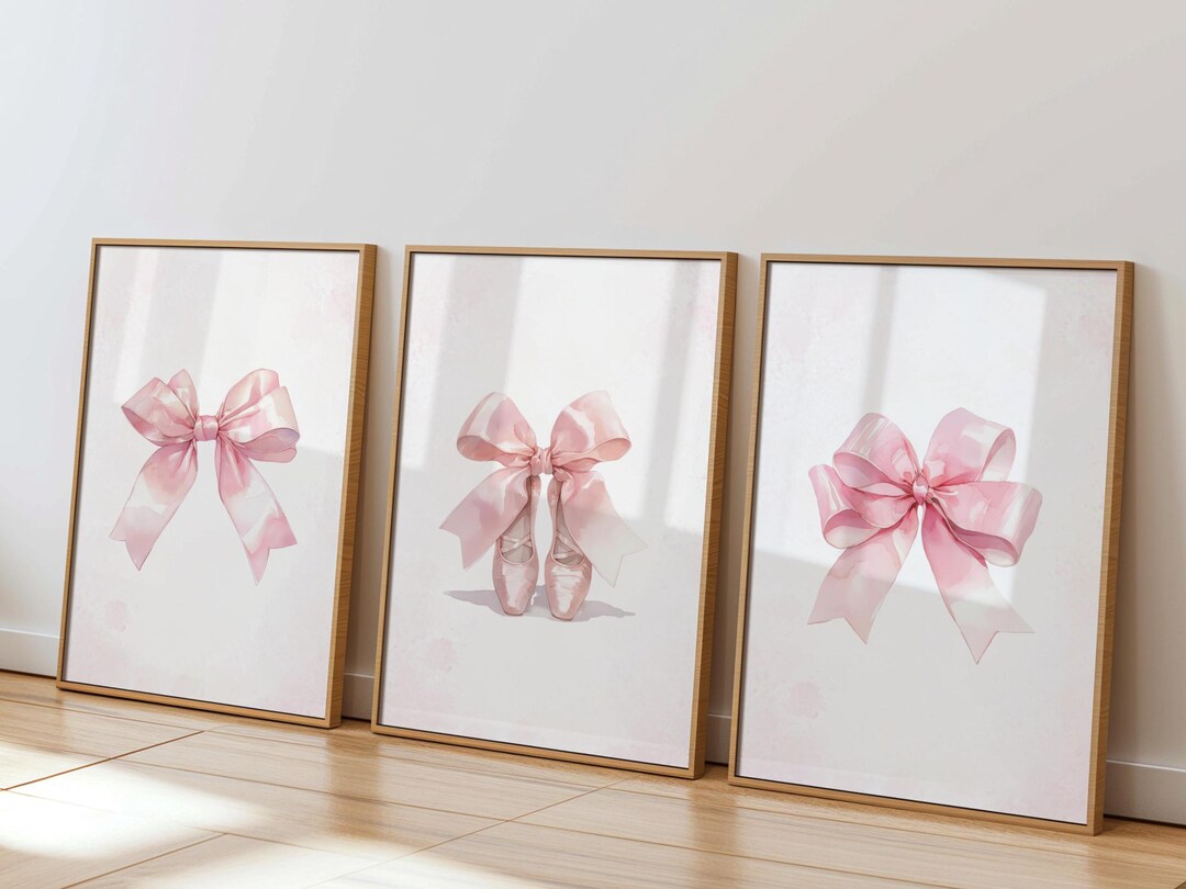 Pink Bow Poster Set of 3 Wall Art Pink Bow Illustration Set of 3 Pink ...