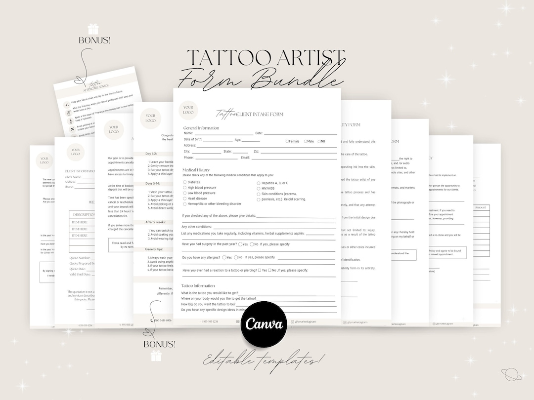 Tattoo Artist Forms Bundle - Editable!, Tattoo Consent Form, Tattoo ...
