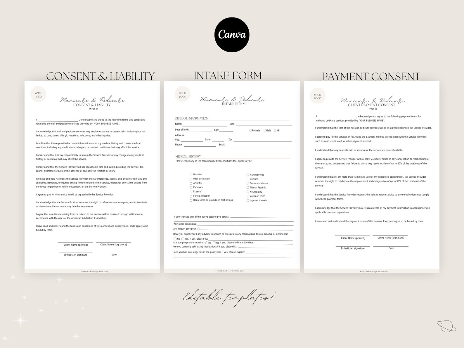 Nail Technician Forms Bundle Editable Templates, Esthetician Forms ...