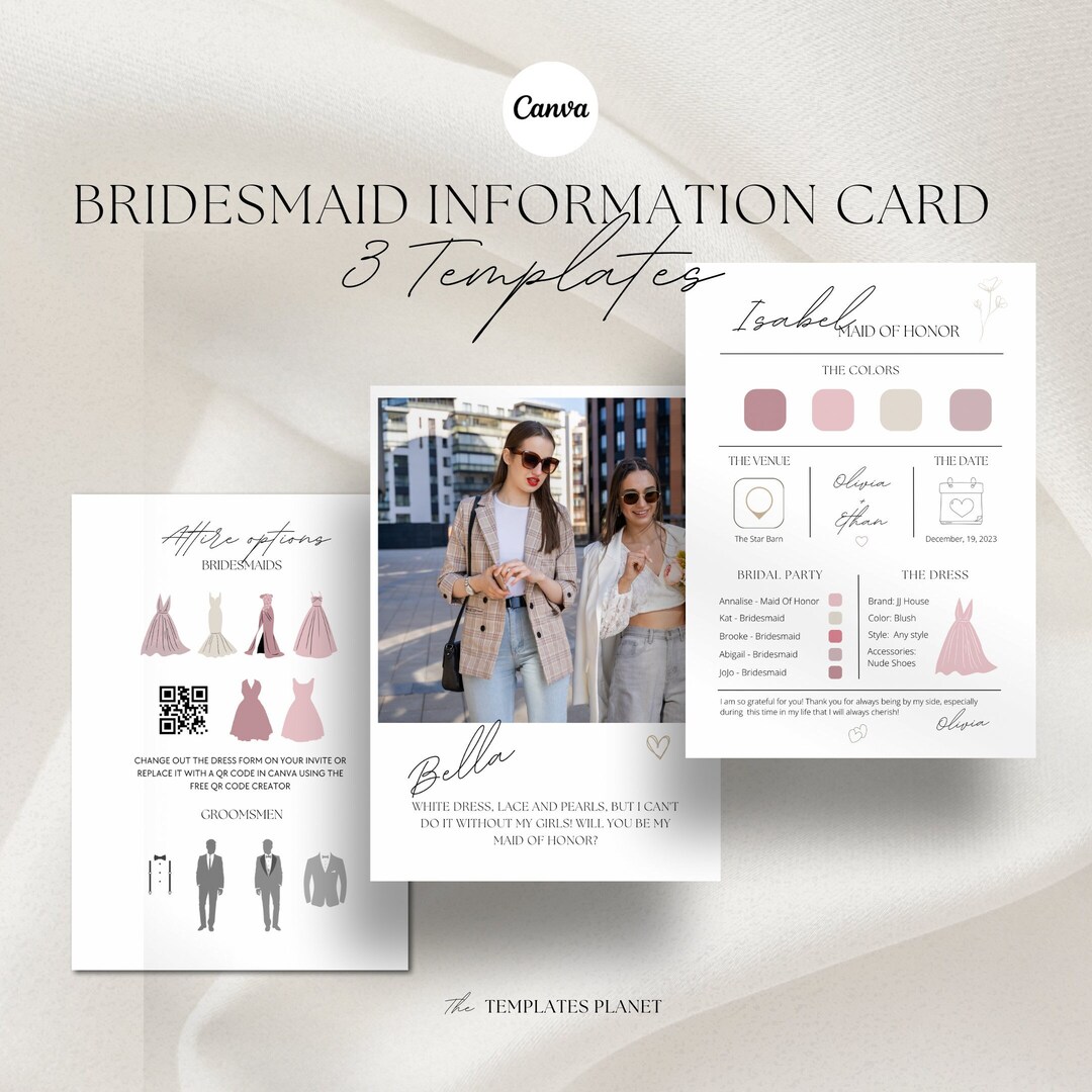 Editable Bridesmaid Information Card, Bridesmaid Proposal Card Template ...