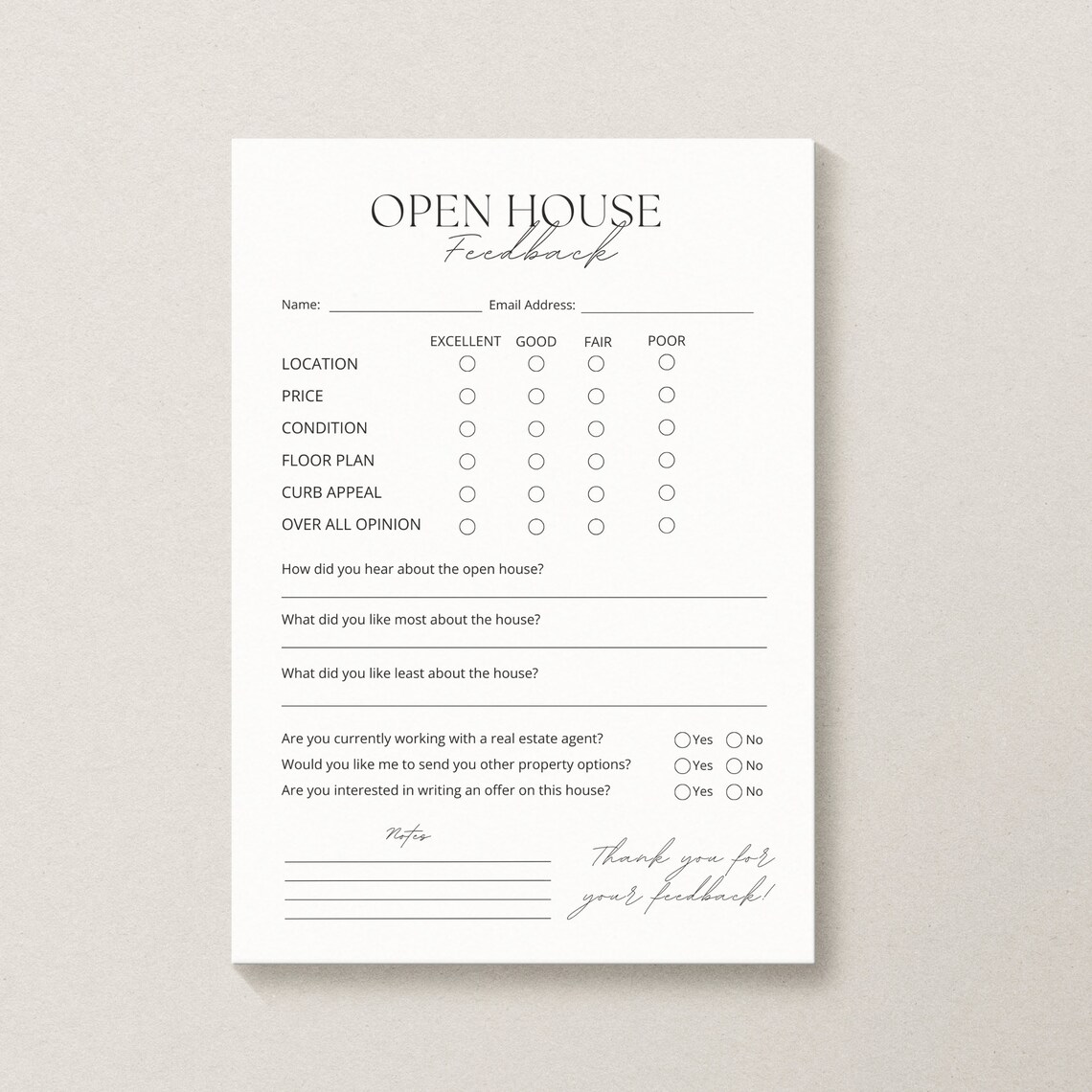 Open House Feedback Form, Editable Template, Real Estate Marketing ...