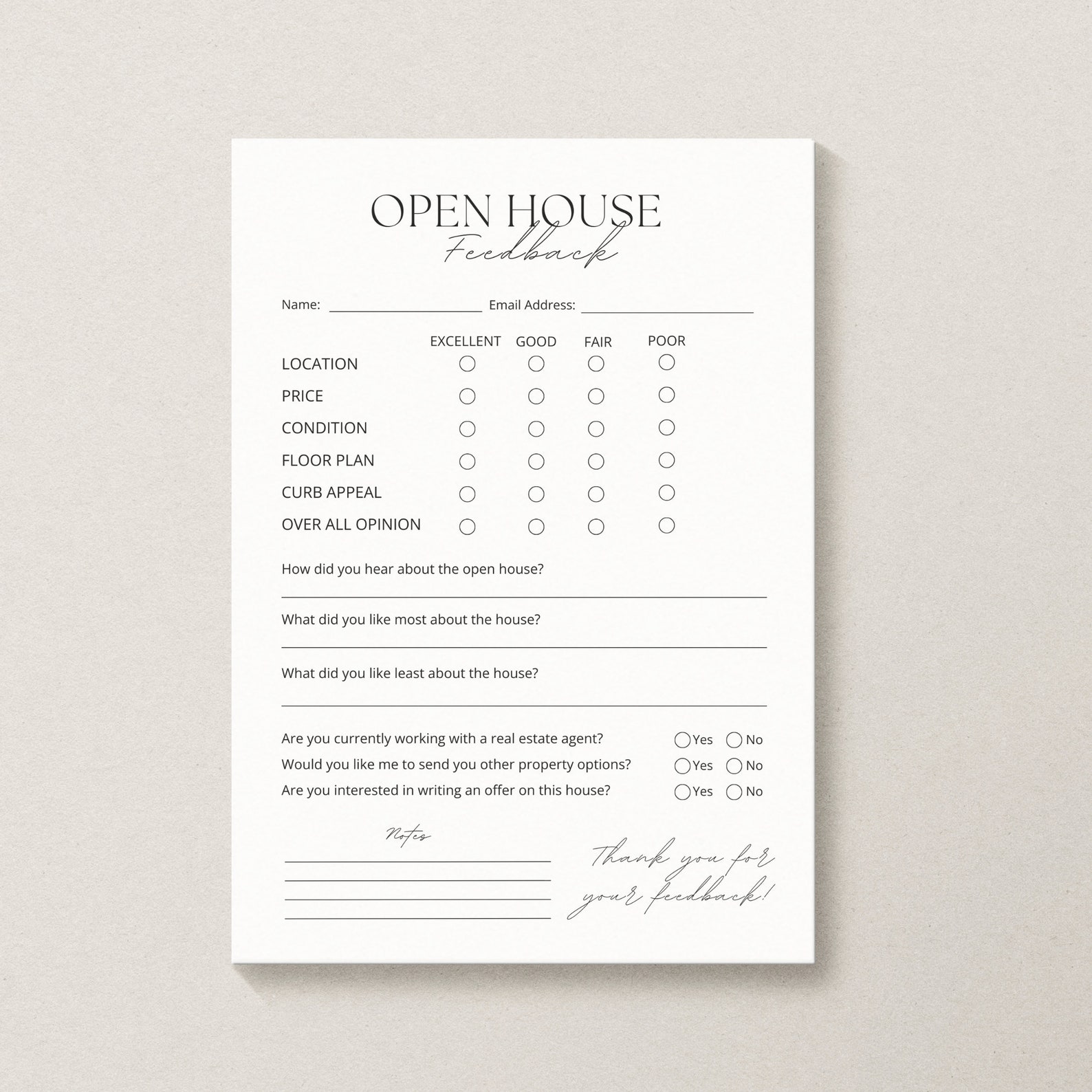 Open House Feedback Form, Editable Template, Real Estate Marketing ...