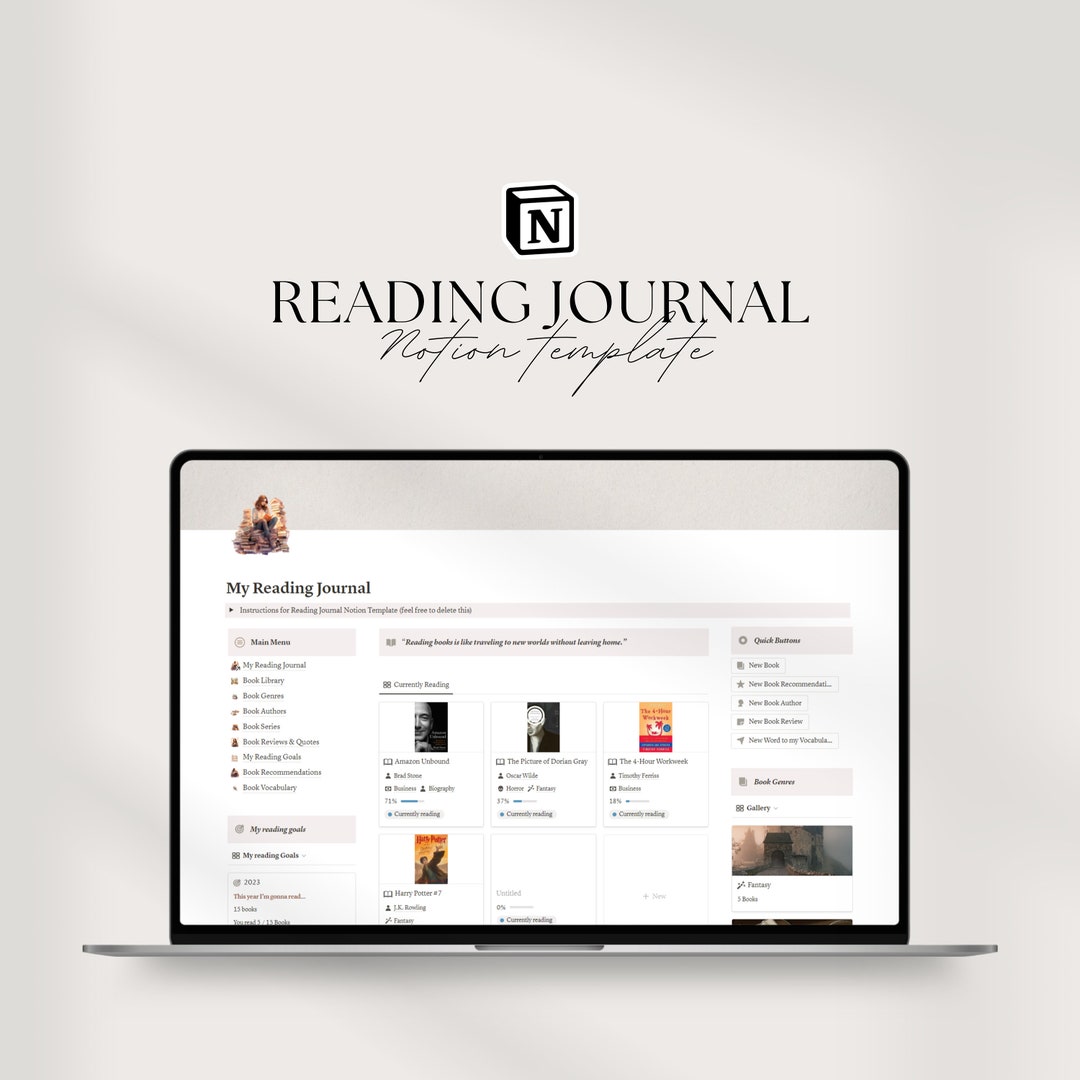 Reading Journal Notion Template, Reading Tracker, Notion Dashboard for ...