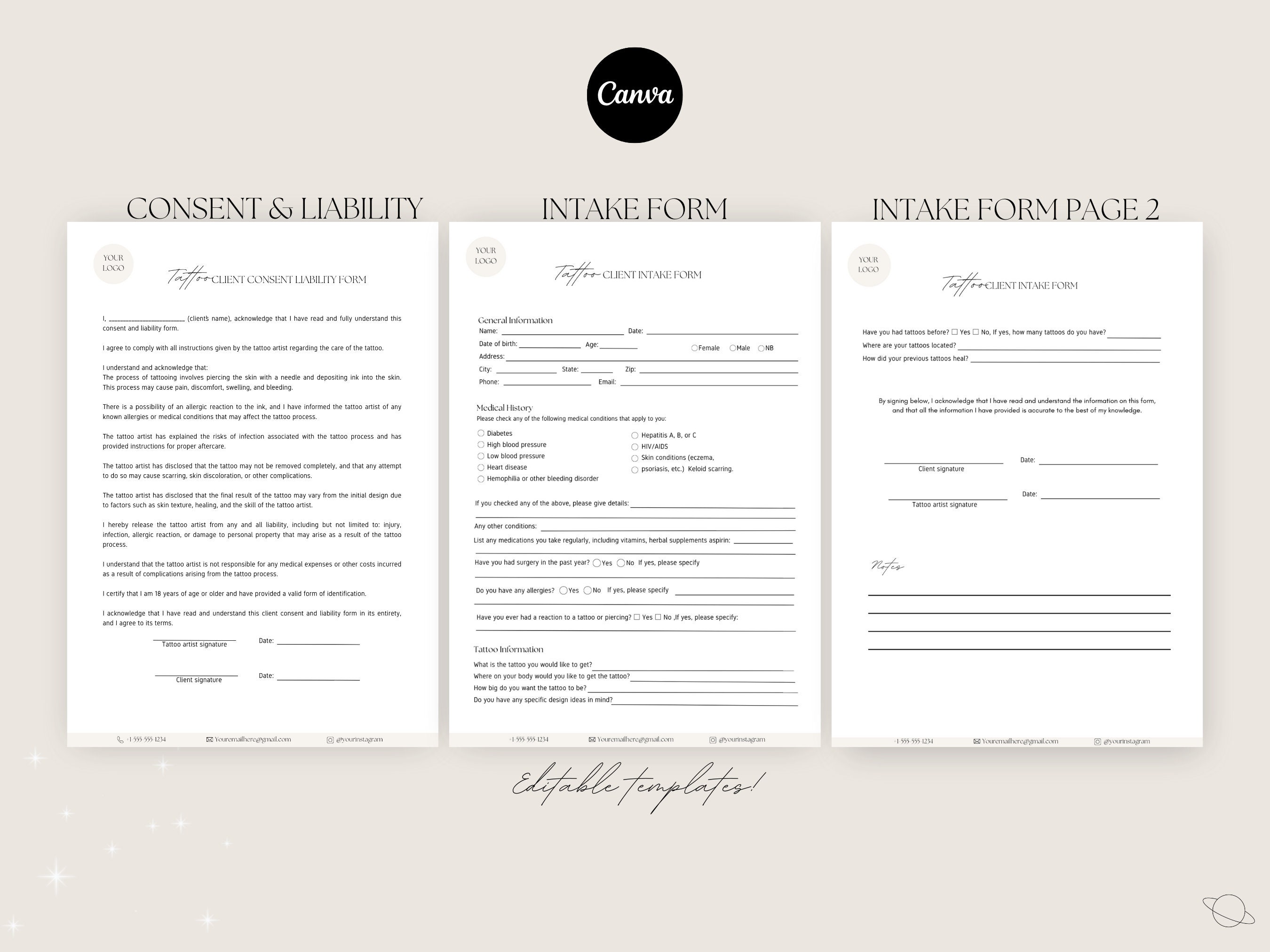 Tattoo Artist Forms Bundle - Editable!, Tattoo Consent Form, Tattoo ...