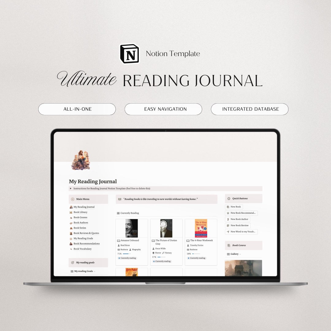 Reading Journal Notion Template | Reading Tracker | Book Log | Notion Planner | Reading Log ...
