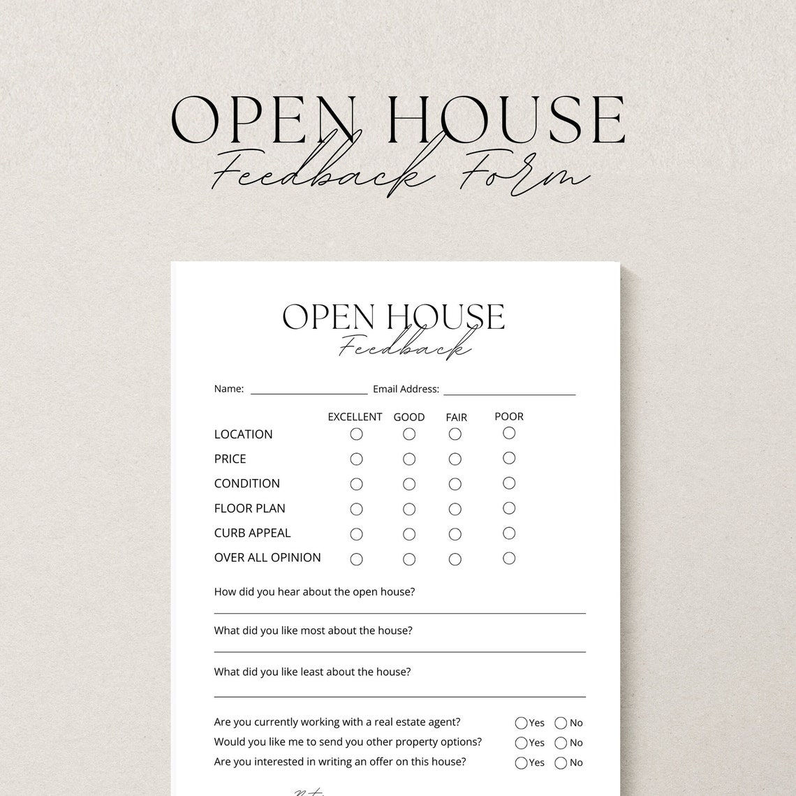 Open House Feedback Form, Editable Template, Real Estate Marketing ...