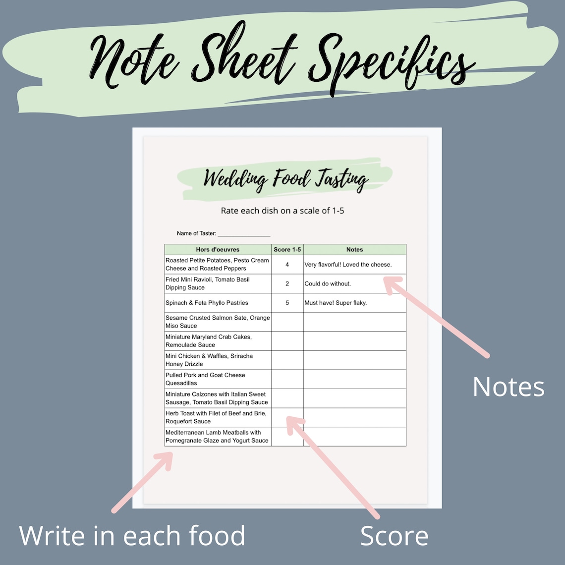 Wedding Food Tasting Note Sheet, Venue Food Tasting - Etsy