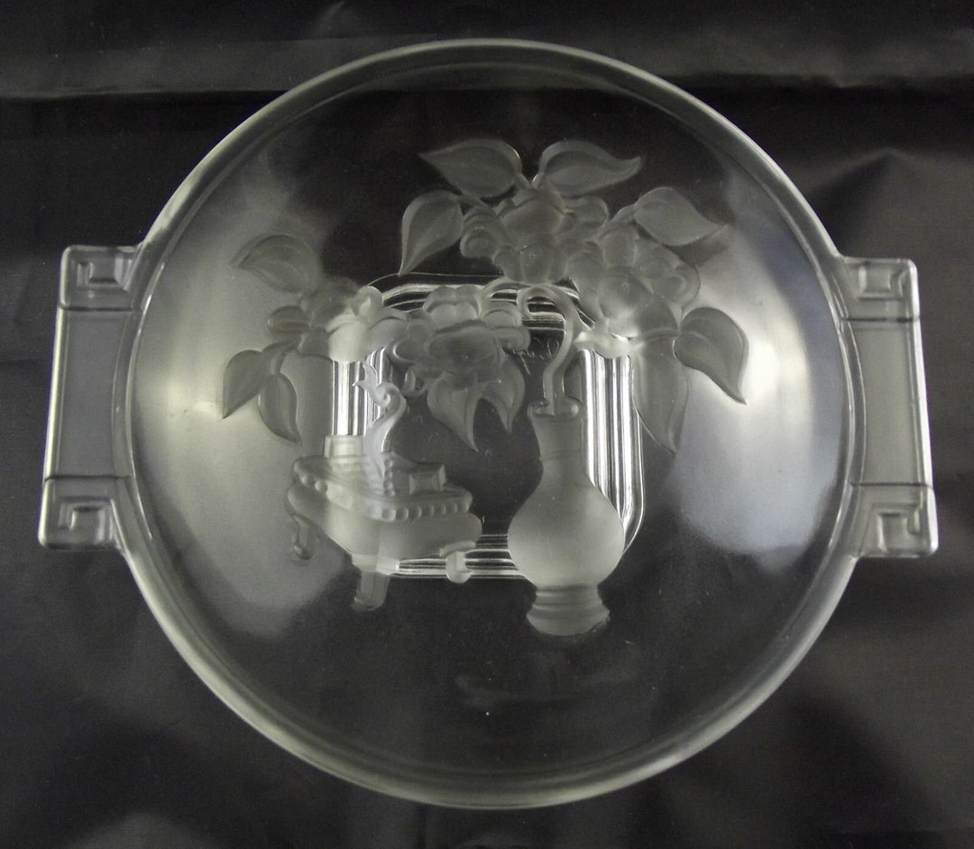 Verlys Glass Art Deco Tab Handle Bowl Dish Frosted Intaglio Made in USA ...