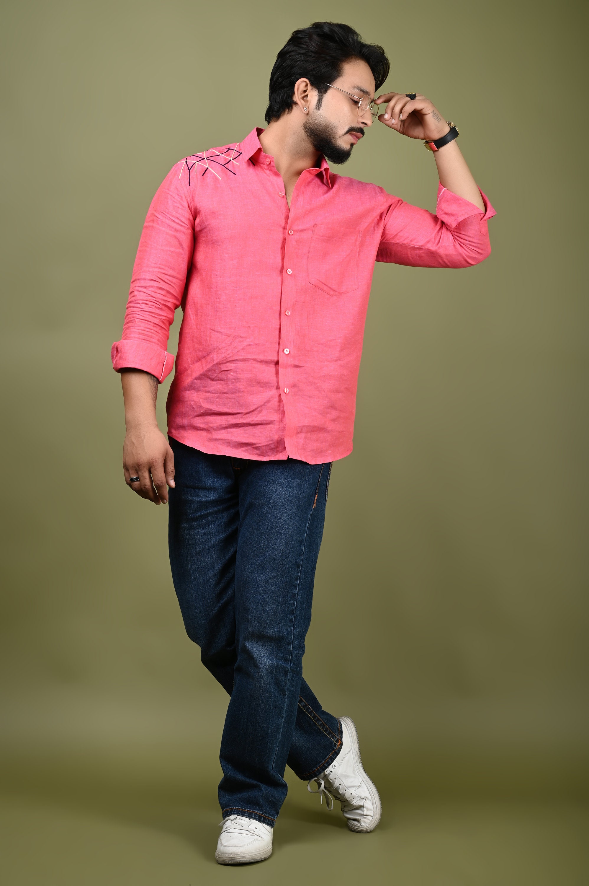 Pink Designer Linen Thread Embroidery Shirt - Etsy
