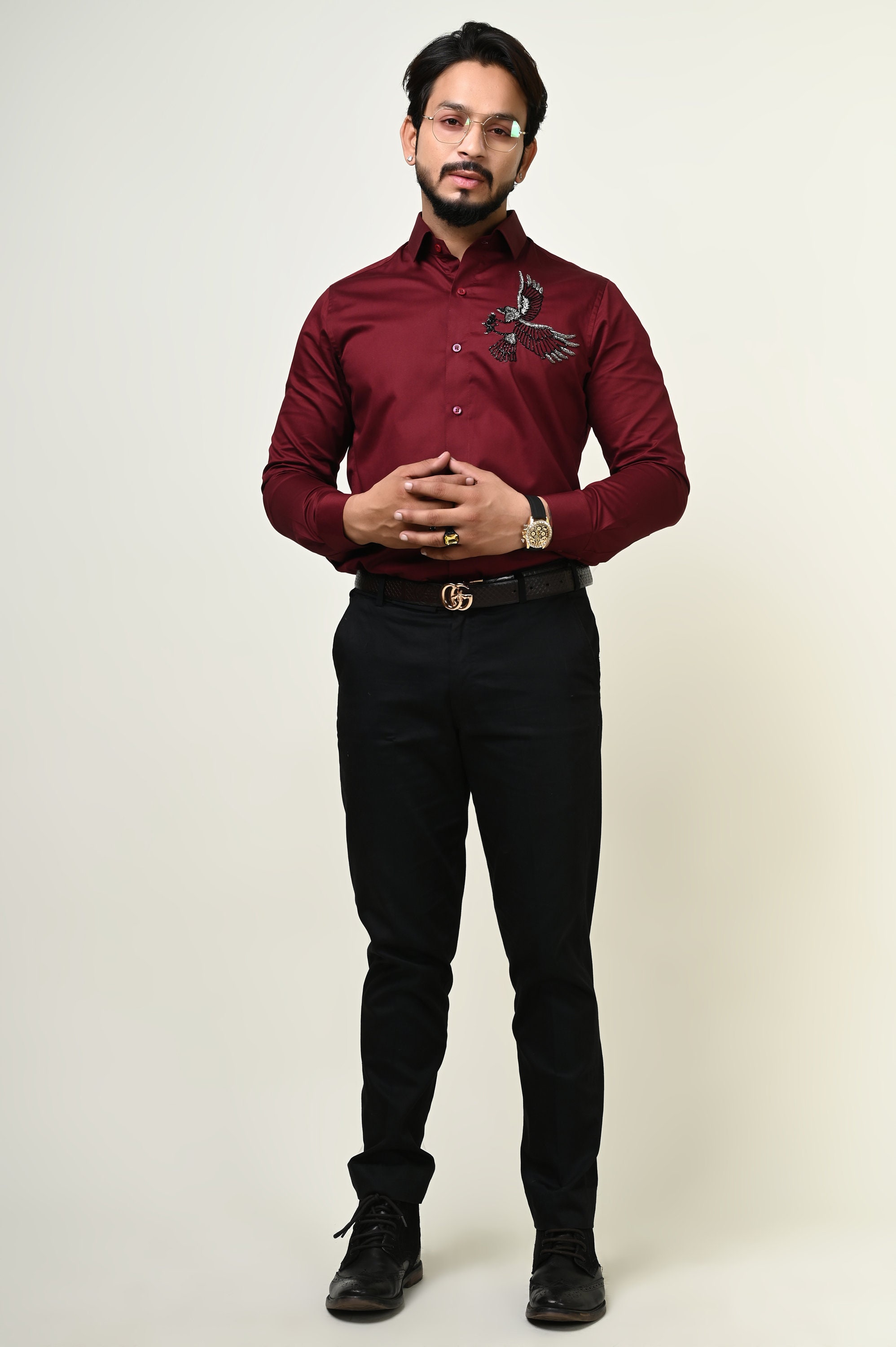Maroon Eagle Embroidered Tuxedo Shirt for Men - Etsy