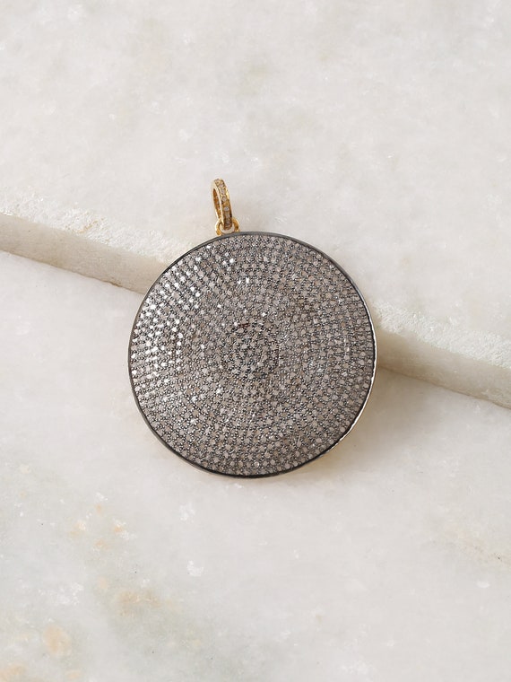 Round Pave Diamond Disc Pendant Necklace in Silver. Chunky - Etsy