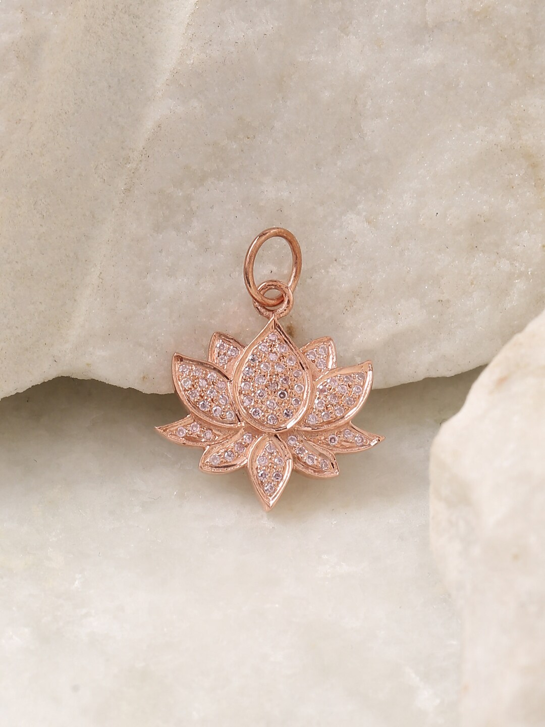 Pave Diamond Lotus Flower Charm Pendant Necklace in 925 Sterling Silver ...
