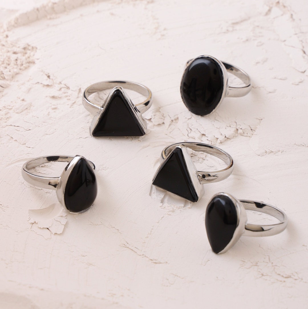 Black Bohemian Rings in Solid Silver 925. Big Stone Unisex Ring for Men ...