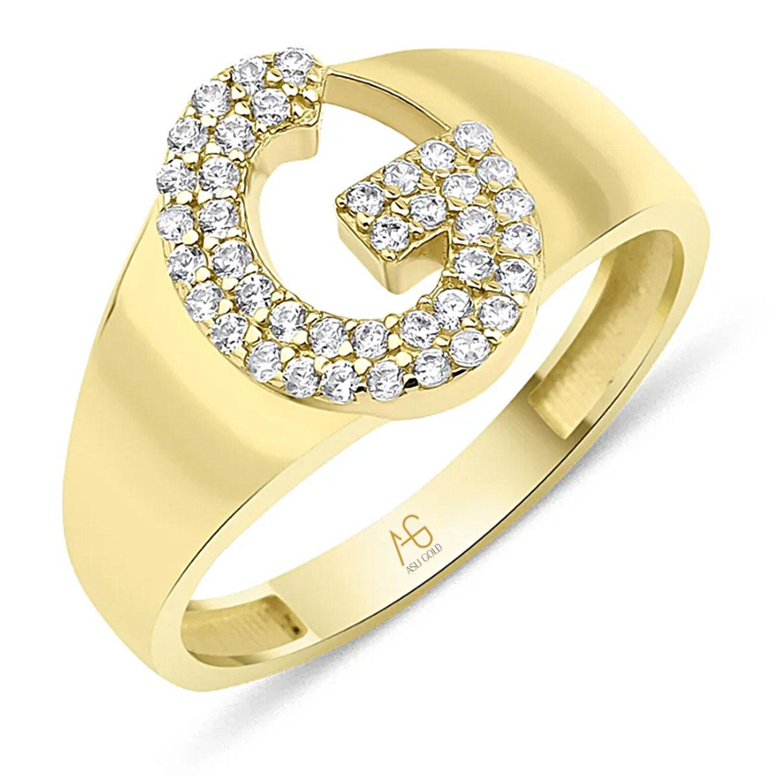 14K Solid Gold Initial Ring - Pave Letter G Ring - Personalized Jewelry ...