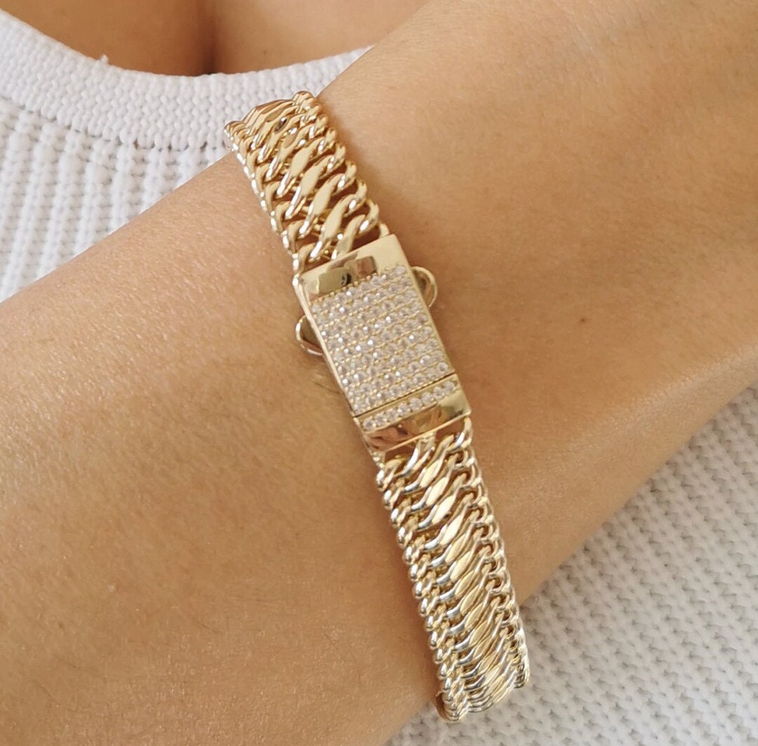 14K Gold Vienna Chain Bracelet: 10mm Double Curb, Zirconia Clasp 10 Mm ...