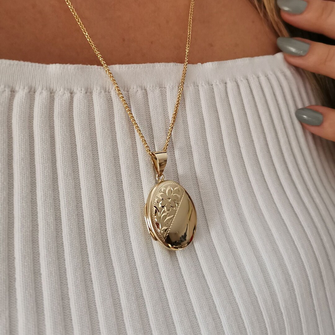 Oval Locket Necklace 14K Gold Locket Pendant for Mother Birthday Gifts ...