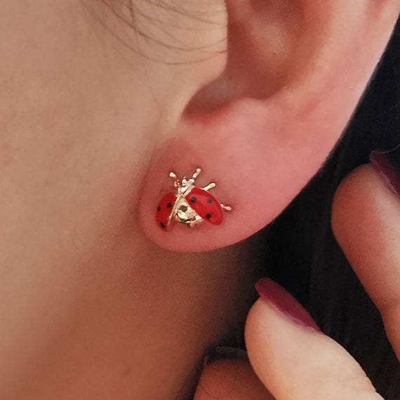 Ladybug Earrings 14k Solid Gold Ladybug Earrings for Lover Birthday Gifts for Mom Ladybug Gold Earrings Christmas Gifts Yellow Gold Gifts Etsy