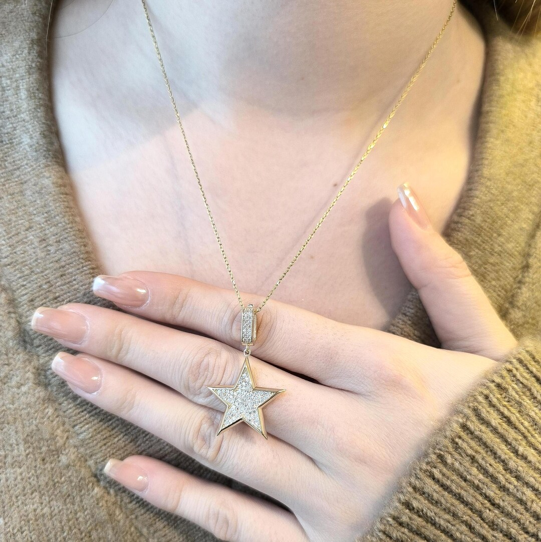 14K Gold Stern Halskette Massiv Gold mit Edelsteinen Stern Halskette ...