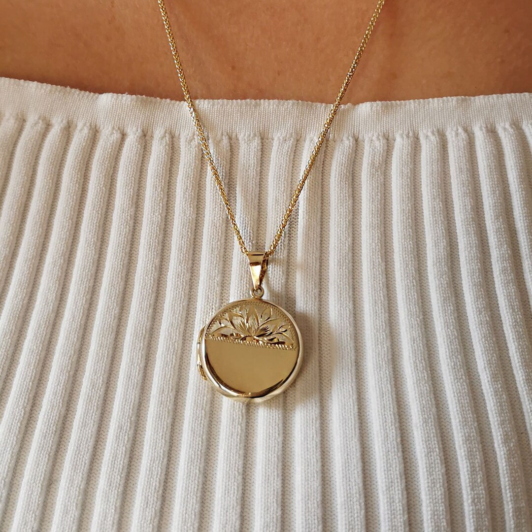 Round Locket Necklace 14K Gold Locket Pendant for Women Wedding Gifts ...