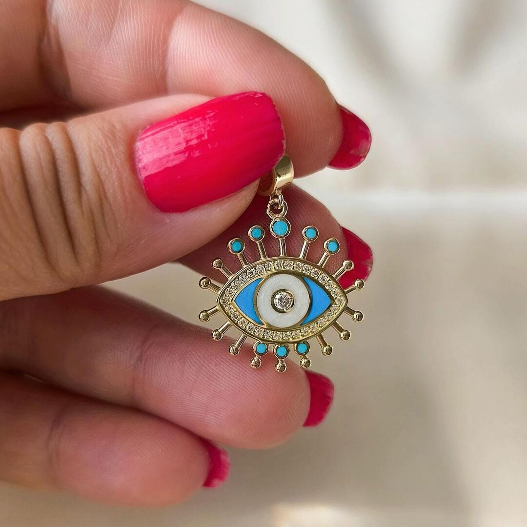 Evil Eye Pendant 14K Gold Charm Necklace Women Birthday Gifts Everyday ...