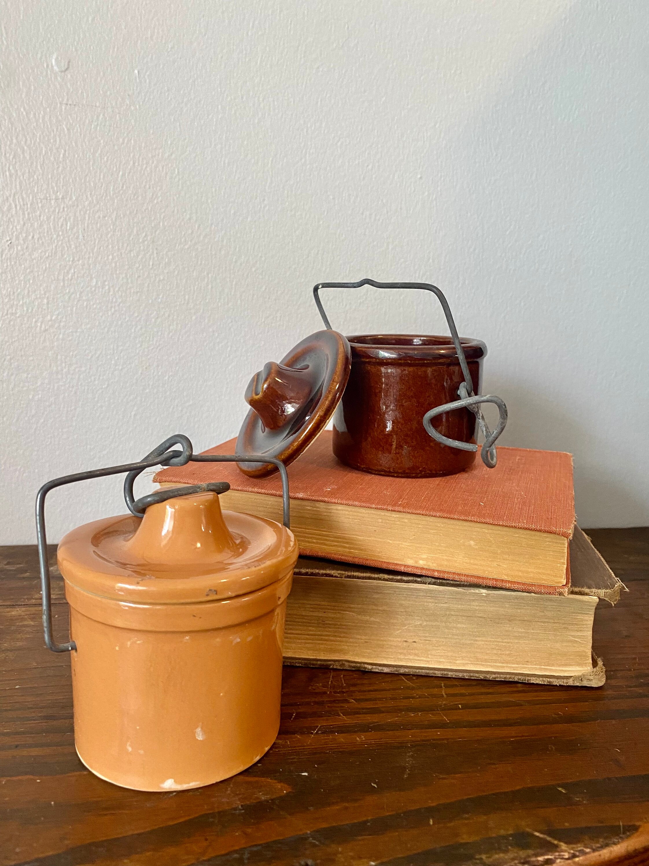 Mini Dark Brown Stoneware Crock With Metal Locking Latch Lid Light ...