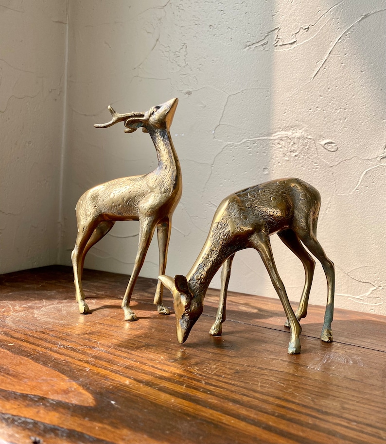 Solid Brass Deer Figurine Pair Set of 2 Vintage Brass Deer Mid Century ...