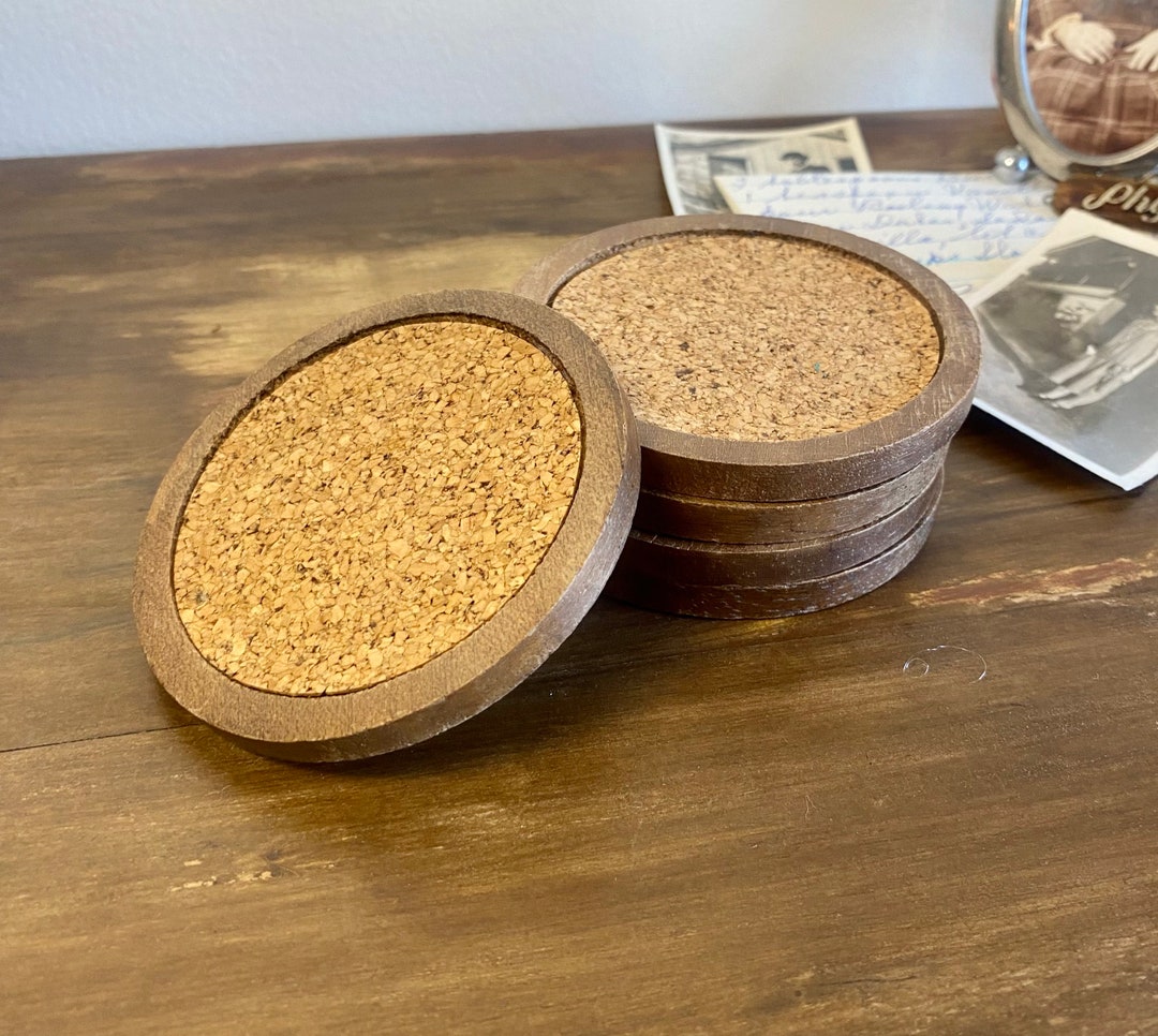 Vintage Wooden Cork Coaster Set Set of 5 Vintage Wood Handmade Coaster ...
