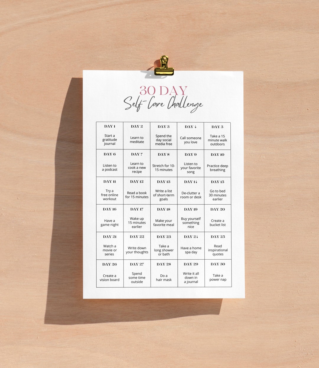 30 Day Self Care Challenge Habit Checklist Sheet, Self Care Goals, Self ...