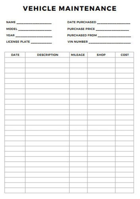Printable Vehicle Maintenance Log Digital Instant Download - Etsy