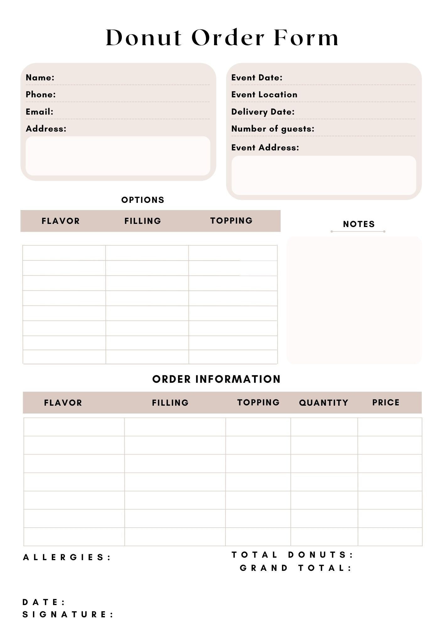 Printable Donut Order Form Order Form Bakery Order Form | Etsy