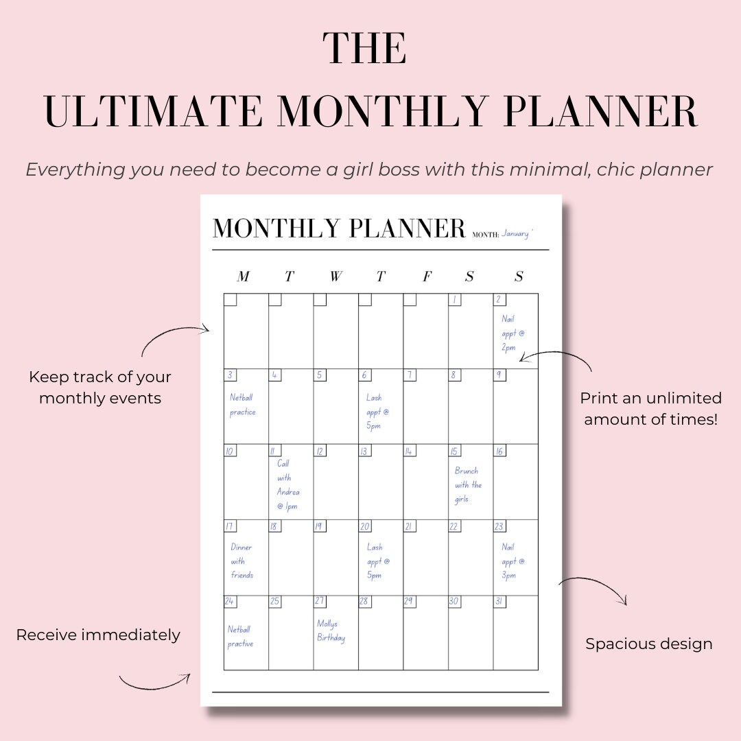 MONTHLY PLANNER PRINTABLE, Digital Planner, Monthly Planner, Digital ...