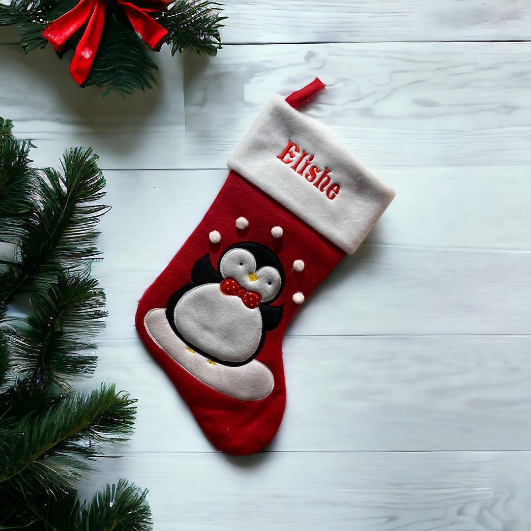 Personalized Penguin Christmas Stocking – Embroidered Festive Red Xmas ...