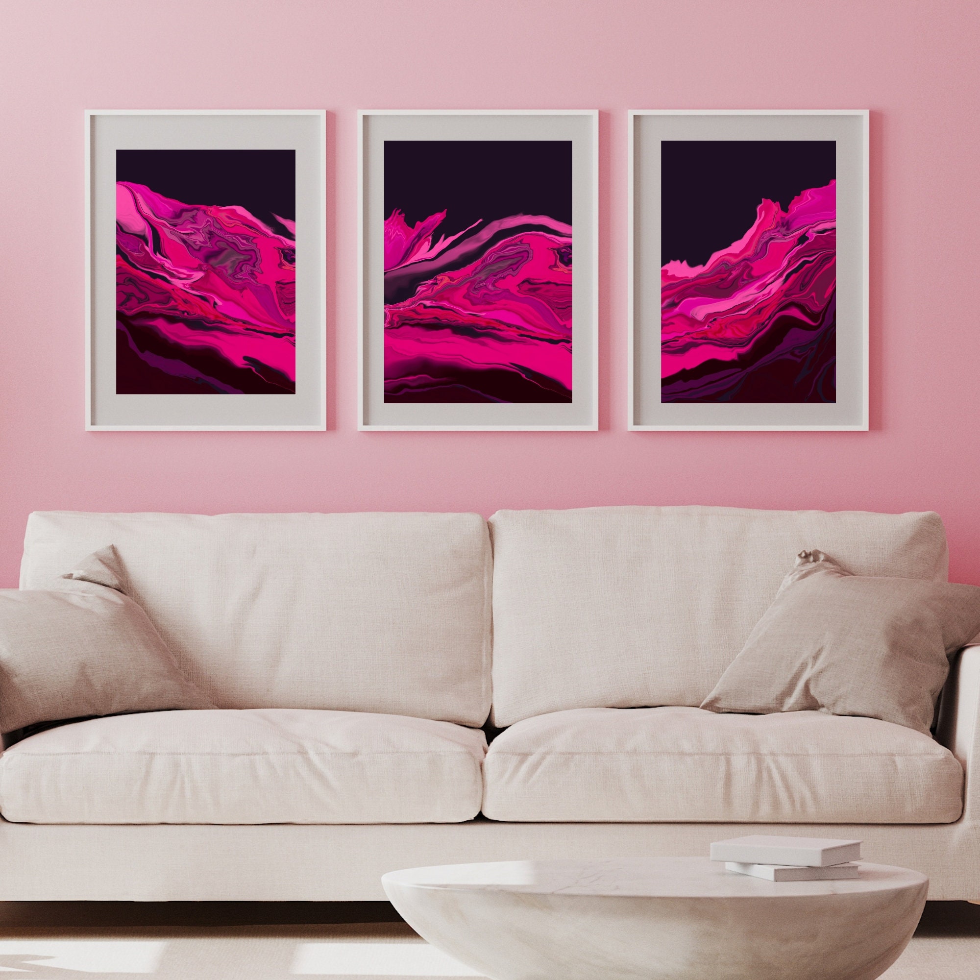 Hot Pink and Black Wall Art Print, Set of 3 Abstract Printable Art ...