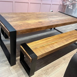 Chunky Solid Oak Dining Table Set With Wrap Around Steel Legs Handmade ...