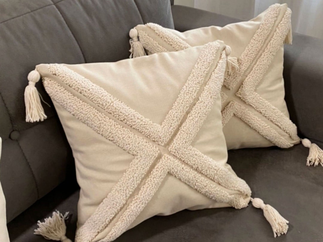 Tasseled Tufted Cushions, Ivory off White-cream Cushion Cover, Cotton ...